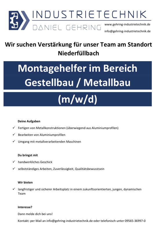 Stellenangebote | Daniel Gehring Industrietechnik